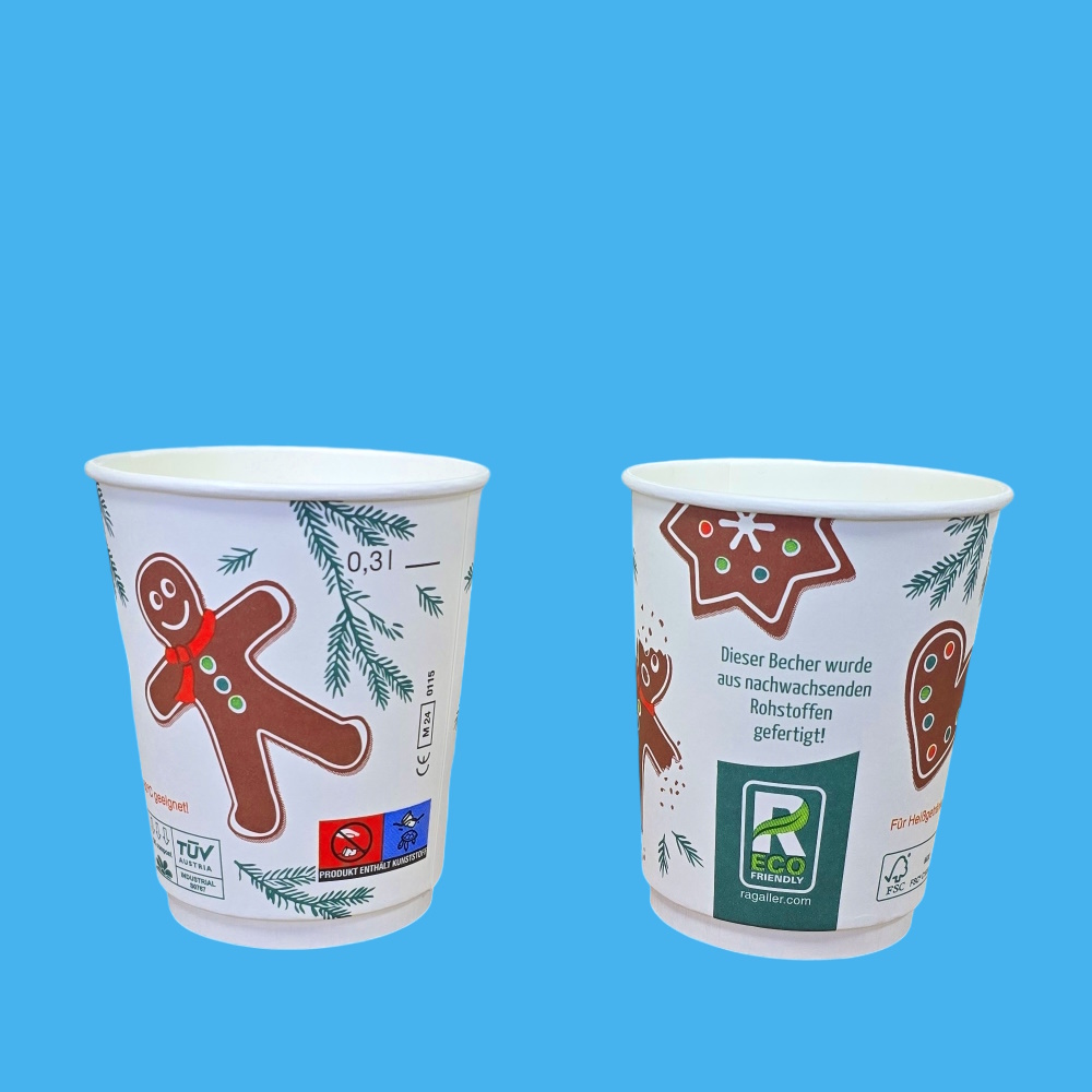 Bio Glühweinbecher mit Weihnachtsmotiv 300ml 0,3l Füllstrich doppelwandig Papier+ Biobarriere ...